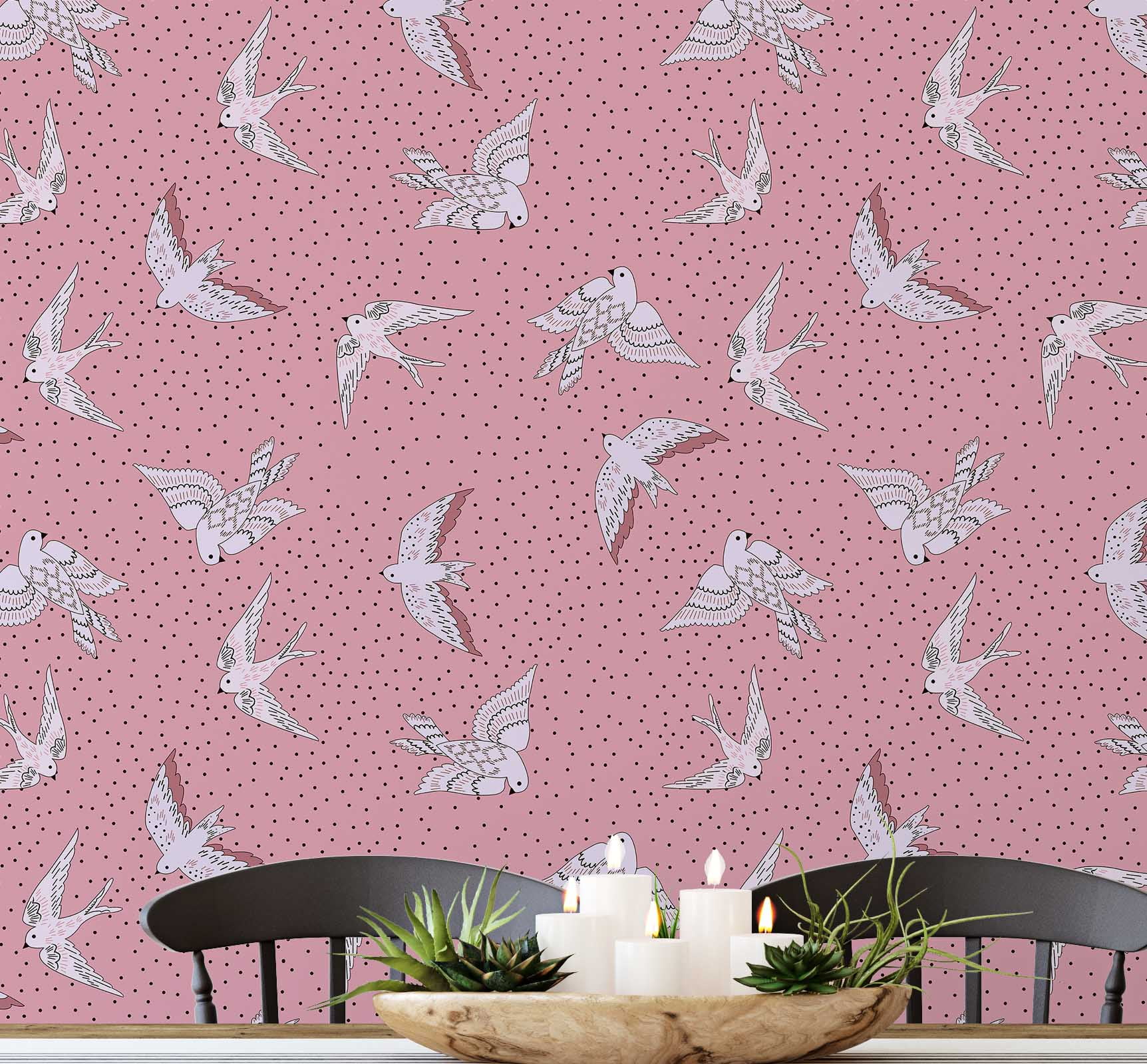 S4sassy Self Adhesive Wallpaper, Flying Birds with Dots Wallpaper, Pink ...
