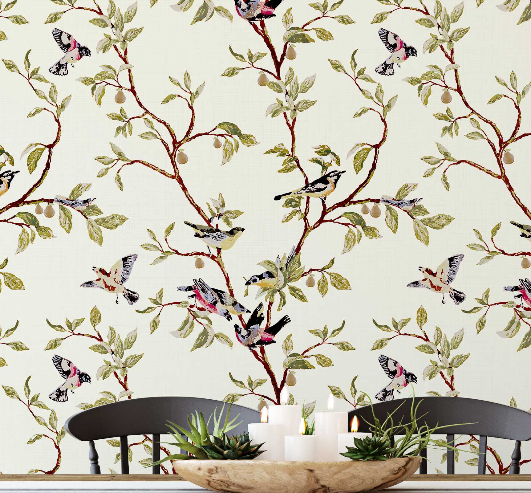 S4sassy Self Adhesive Wallpaper, Green Bird & Branch Print Mural Wall ...