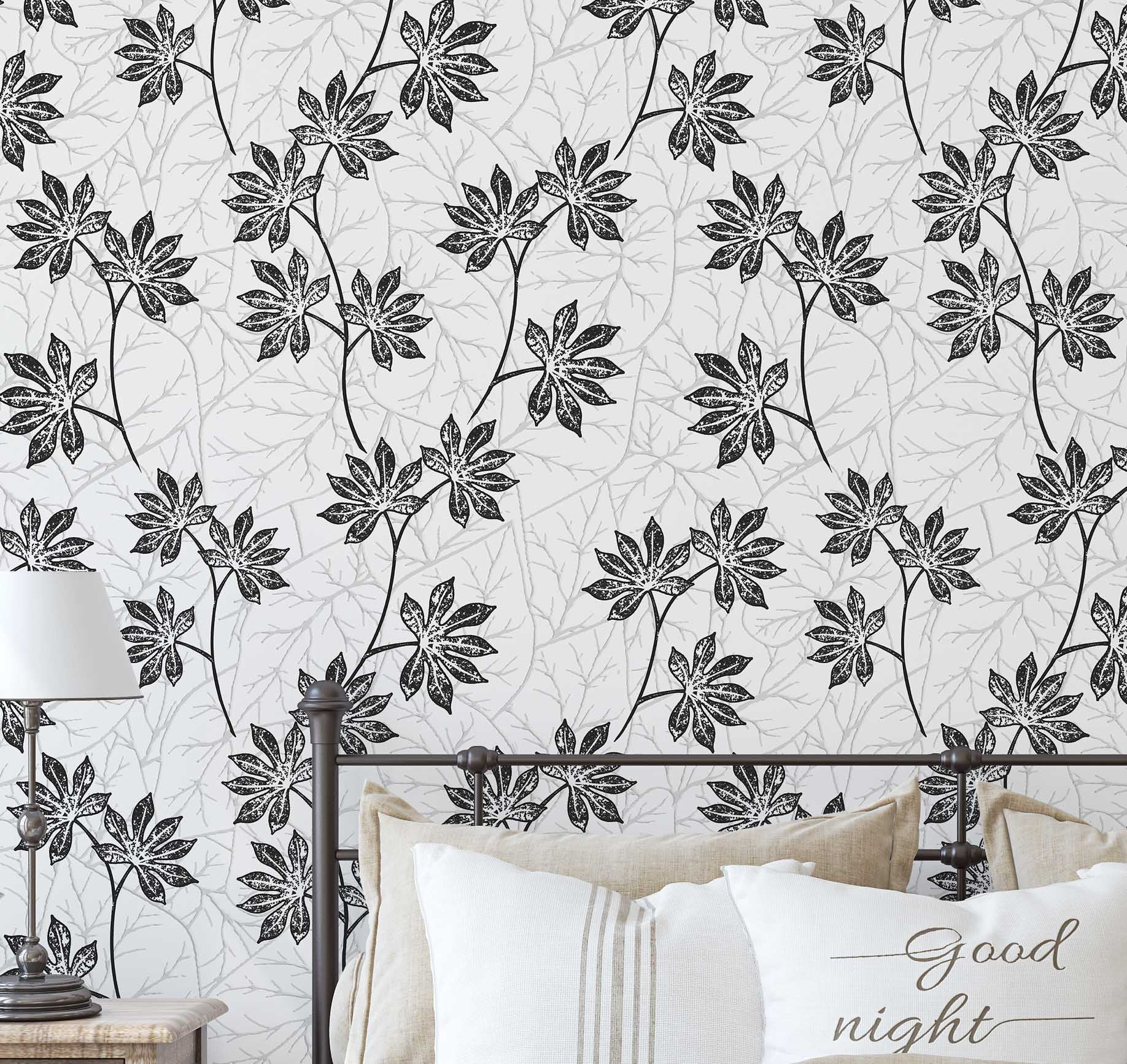 S4sassy Self Adhesive Wallpaper, Grey Leaf Cluster Print Mural Wall ...