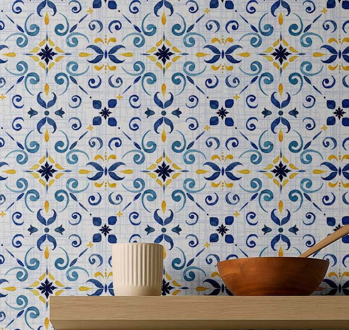 S4sassy Self Adhesive Wallpaper, Swirl Tile Wallpaper, Blue Removable ...