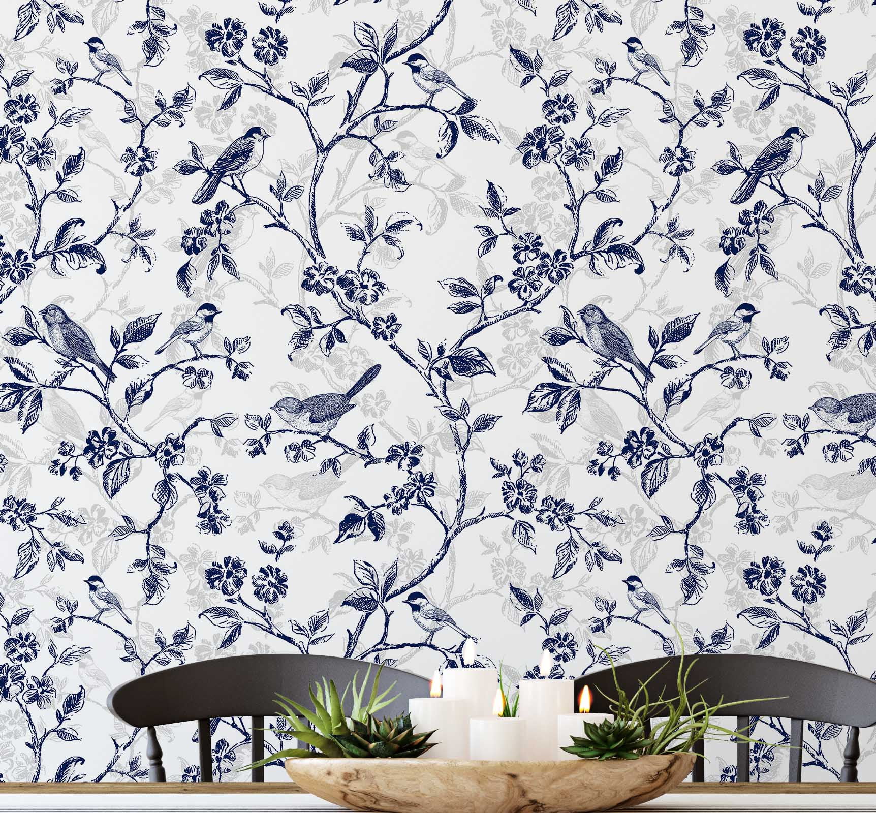 S4sassy Self Adhesive Wallpaper, Vintage Bird & Blossom Wallpaper, Blue ...