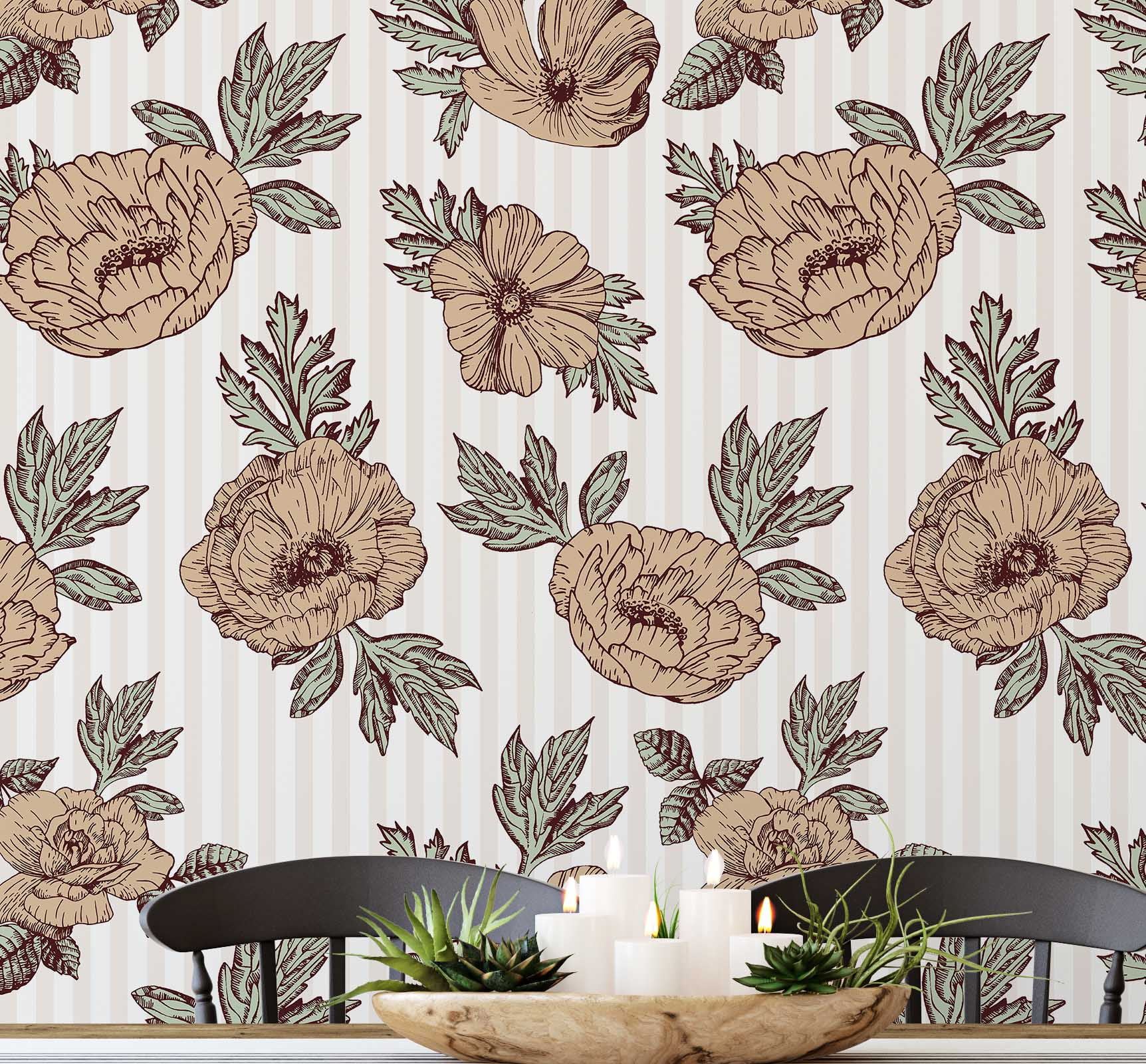 S4sassy Self-Stick Decorative Wallpaper, Peony Stripe Print Wall Paper ...