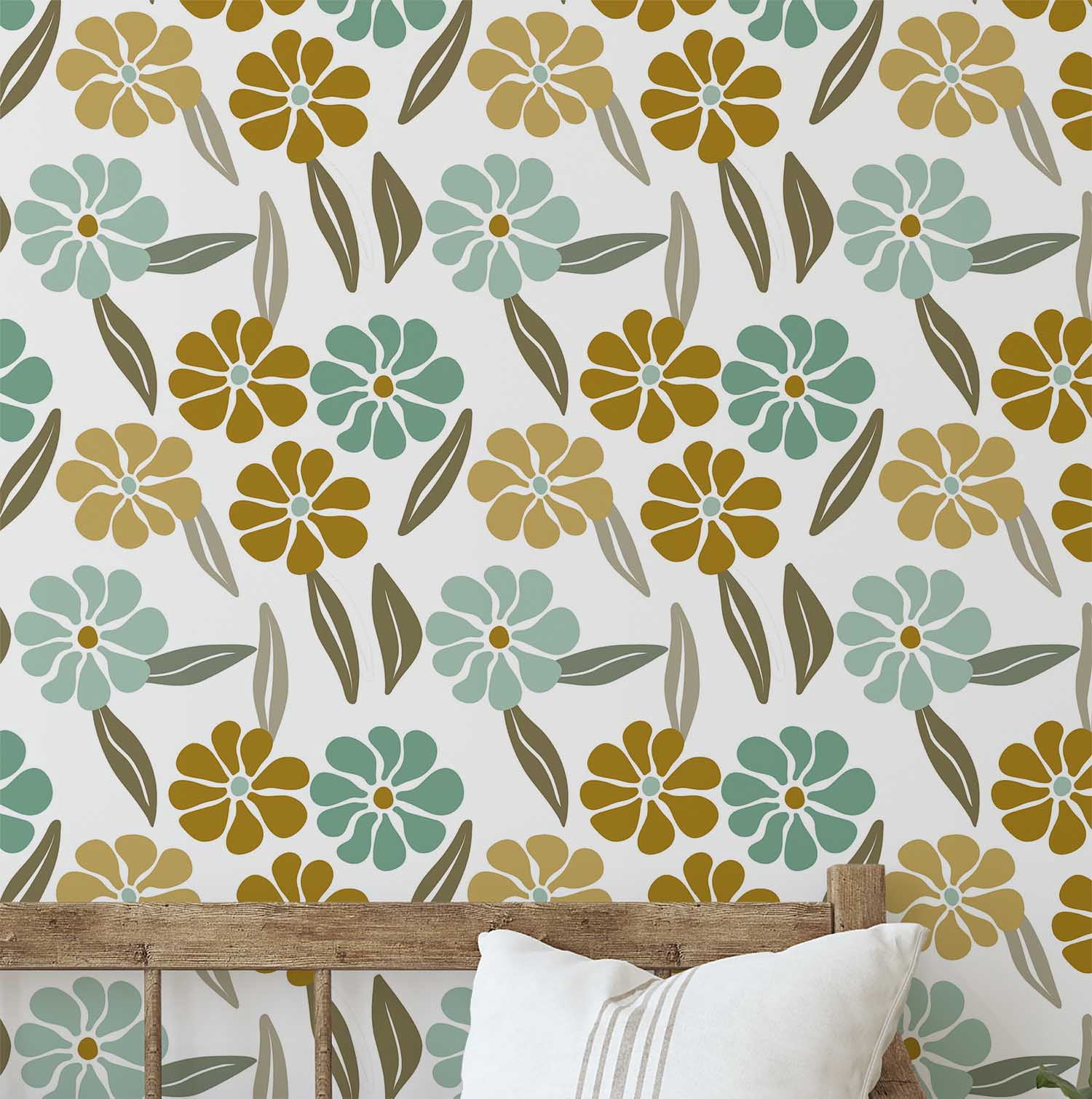 S4sassy Self-Stick Decorative Wallpaper, Retro Daisy Floral Wall Paper ...