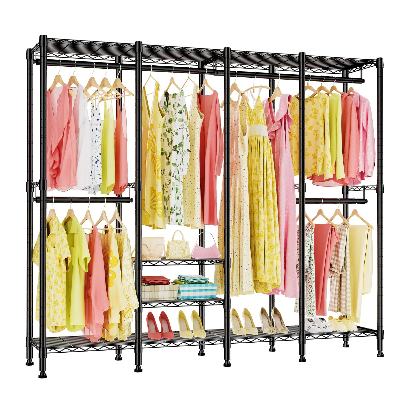 S5 Pro Clothes Rack Heavy Duty Clothing Rack with 6 Shelves & 4 Hang ...