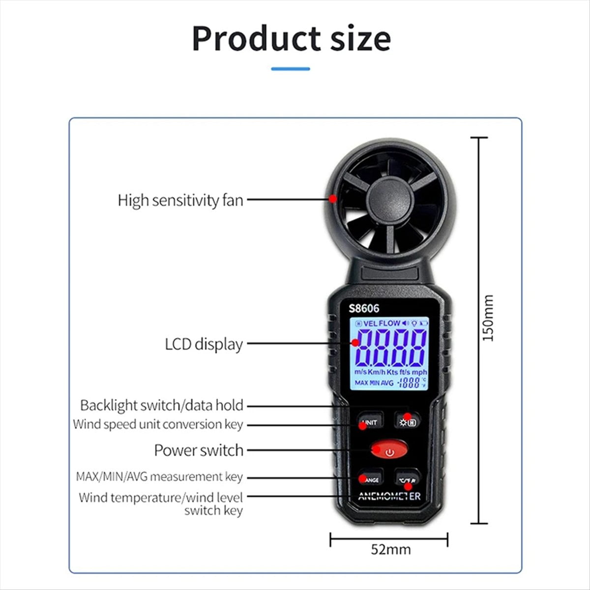 S8606 Anemometer Wind Meter Tester Measuring Air Indoor Outdoor Wind ...