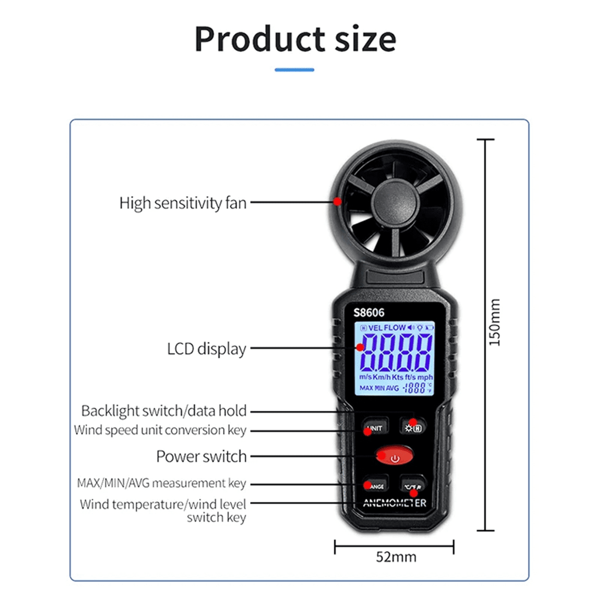 S8606 Anemometer Wind Meter Tester Measuring Air Indoor Outdoor Wind ...