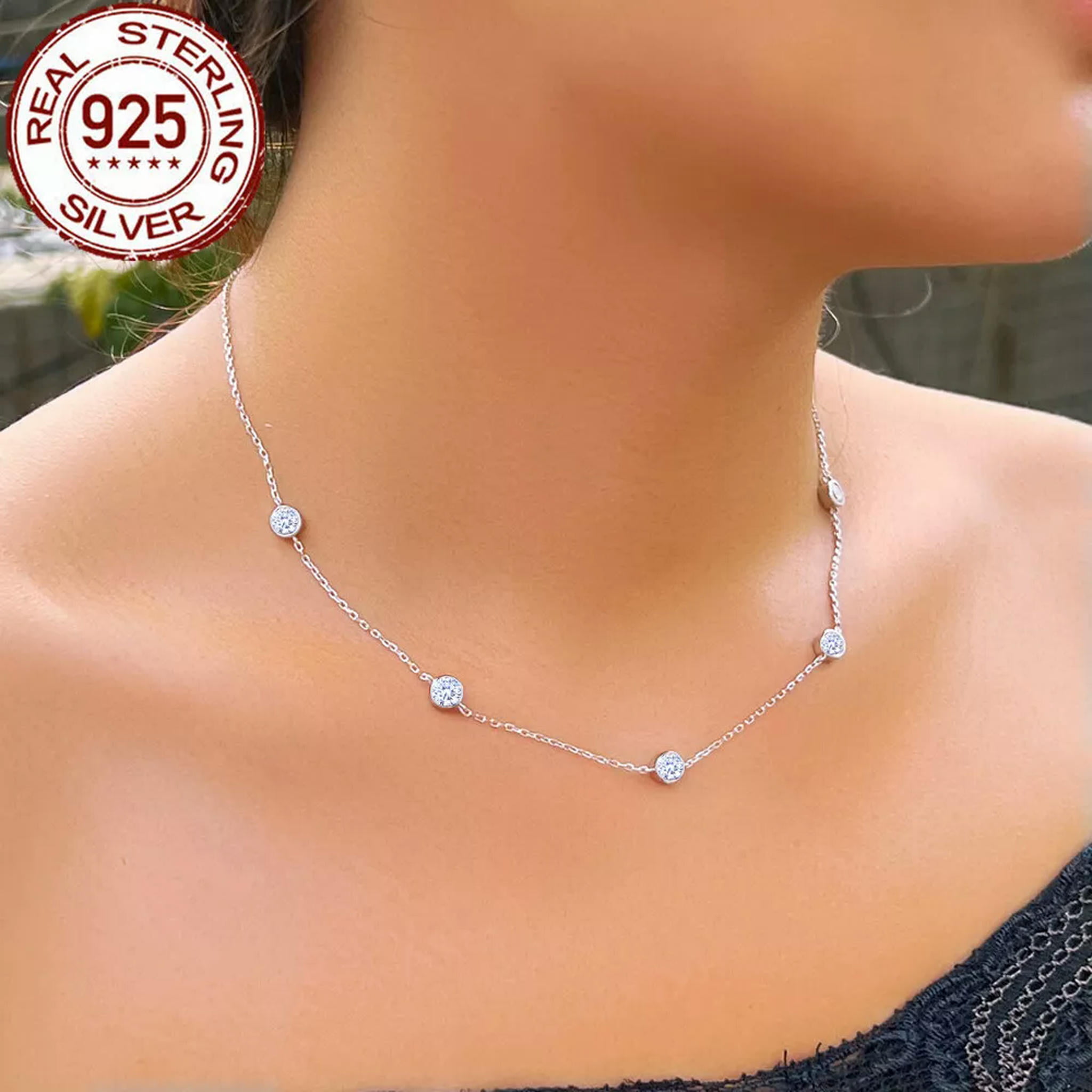 S925 Bezel Setting Cubic Zircon Round Chain Link Necklace 925 Sterling ...