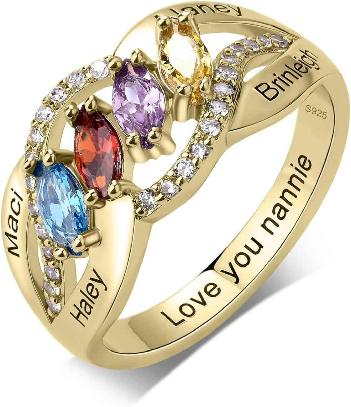 S925 Sterling Silver Mothers Rings with 4 Birthstones and Names Personalized Birthstones Ring ...