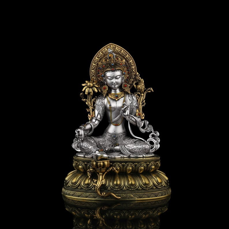 S999 Silver-Gold Green Tara Statue Tibetan Buddha Statue for Altar ...