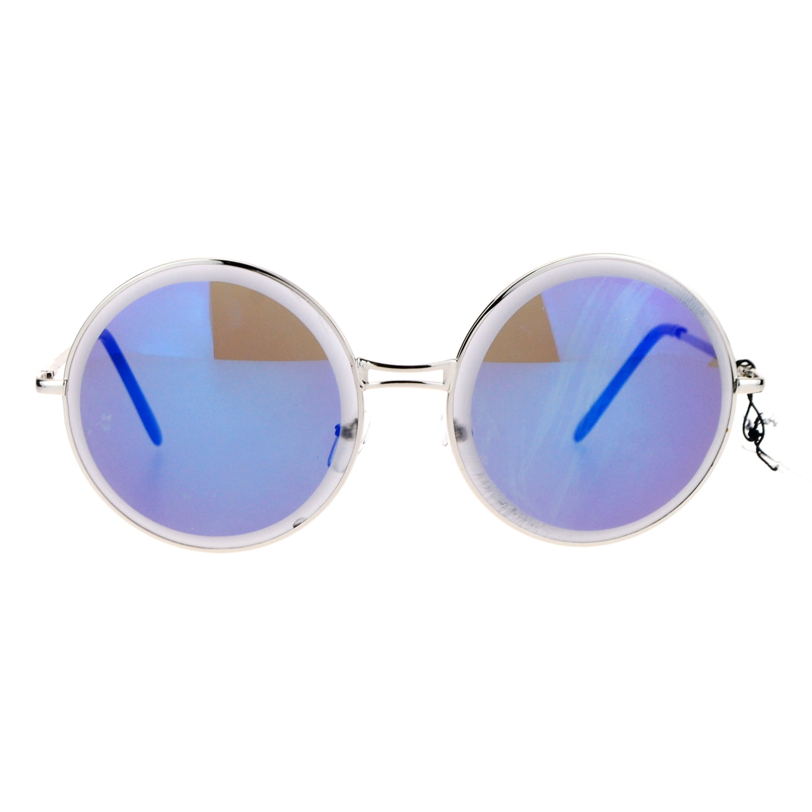 SA106 Beveled Edge Mirrored Lens Round Circle Lens Sunglasses Silver ...