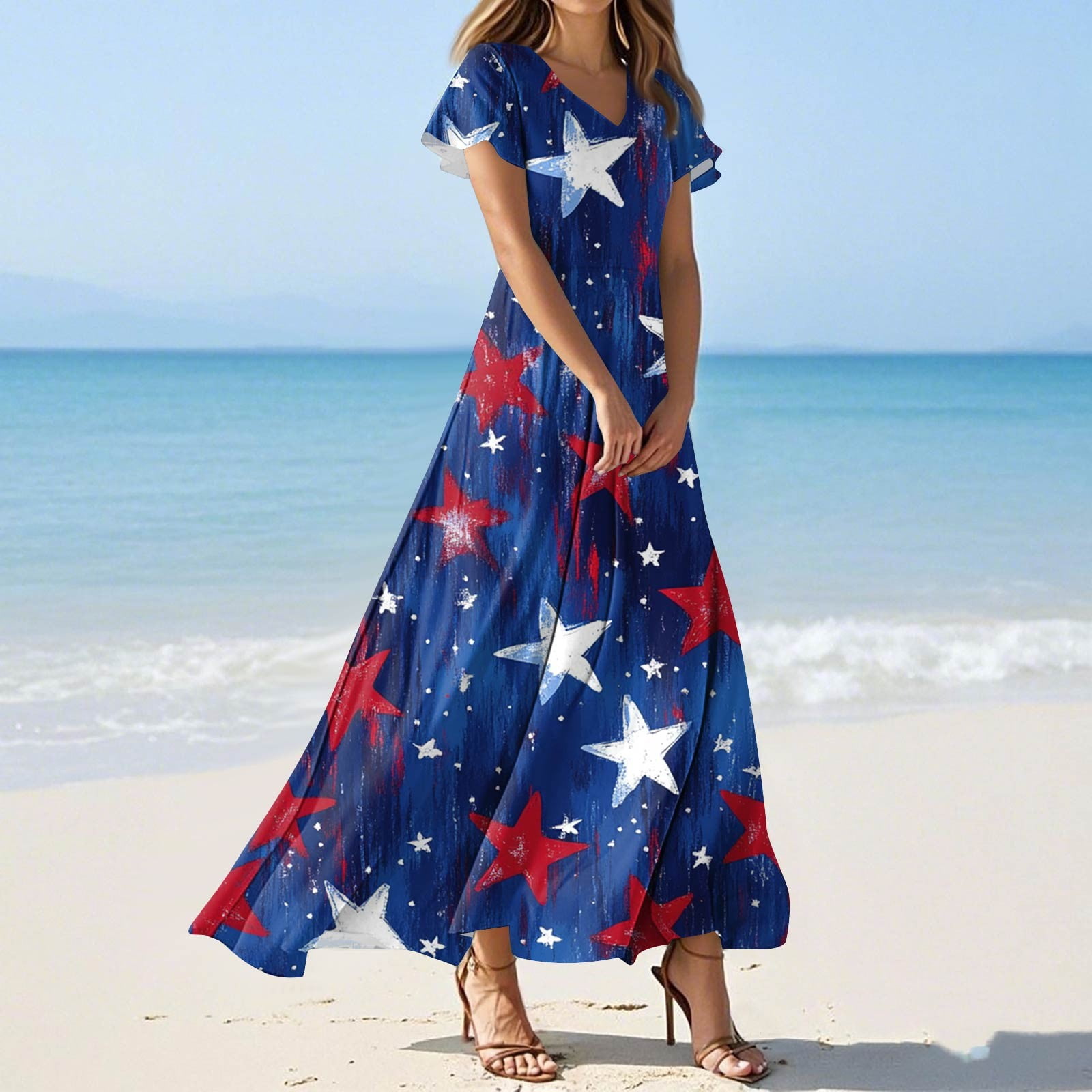 SAATLERI American Flag Dress Women 4th of July Short Sleeve V Neck ...