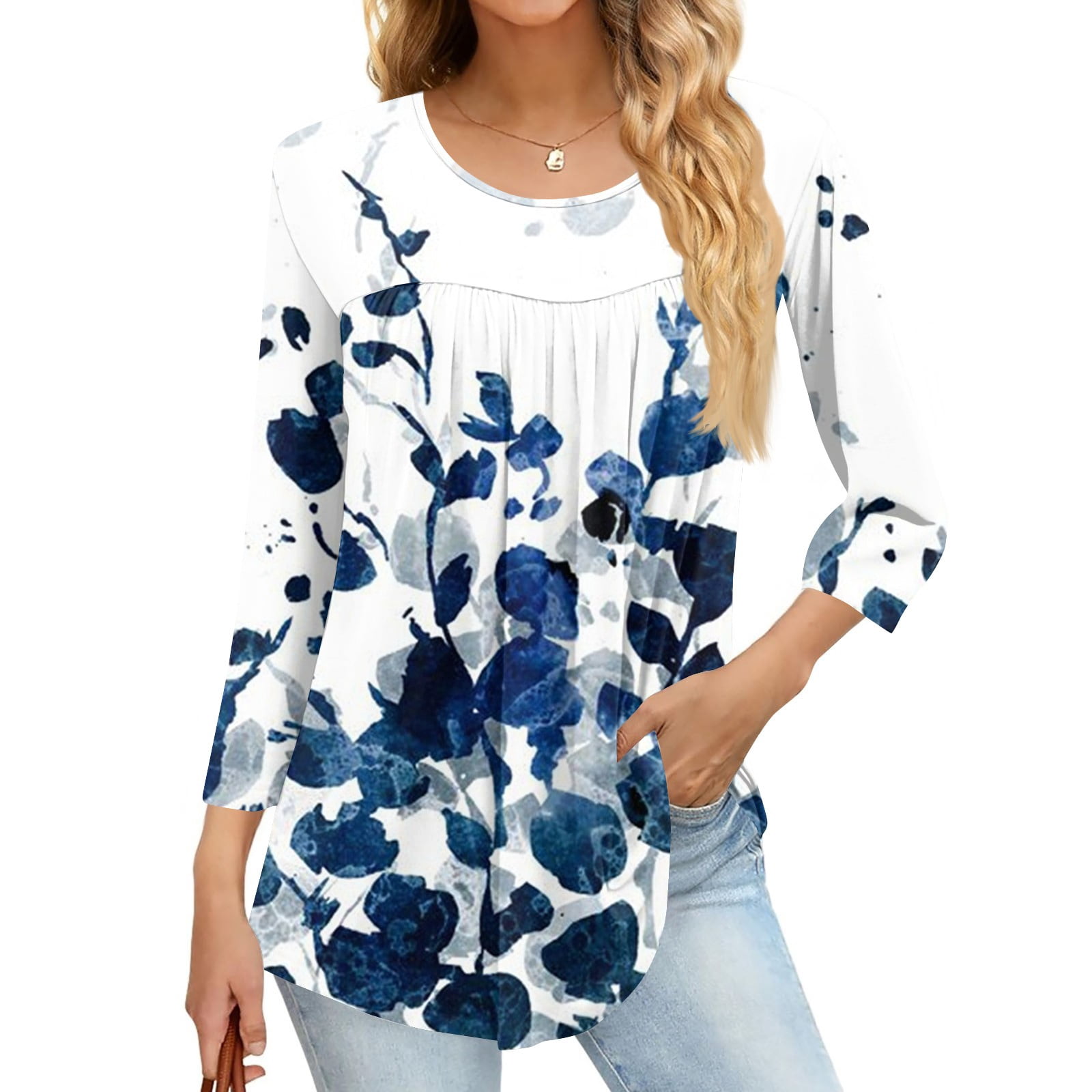 SAATLERI Blouses for Women Casual Round Neck Pleated Tunic Tops Floral ...