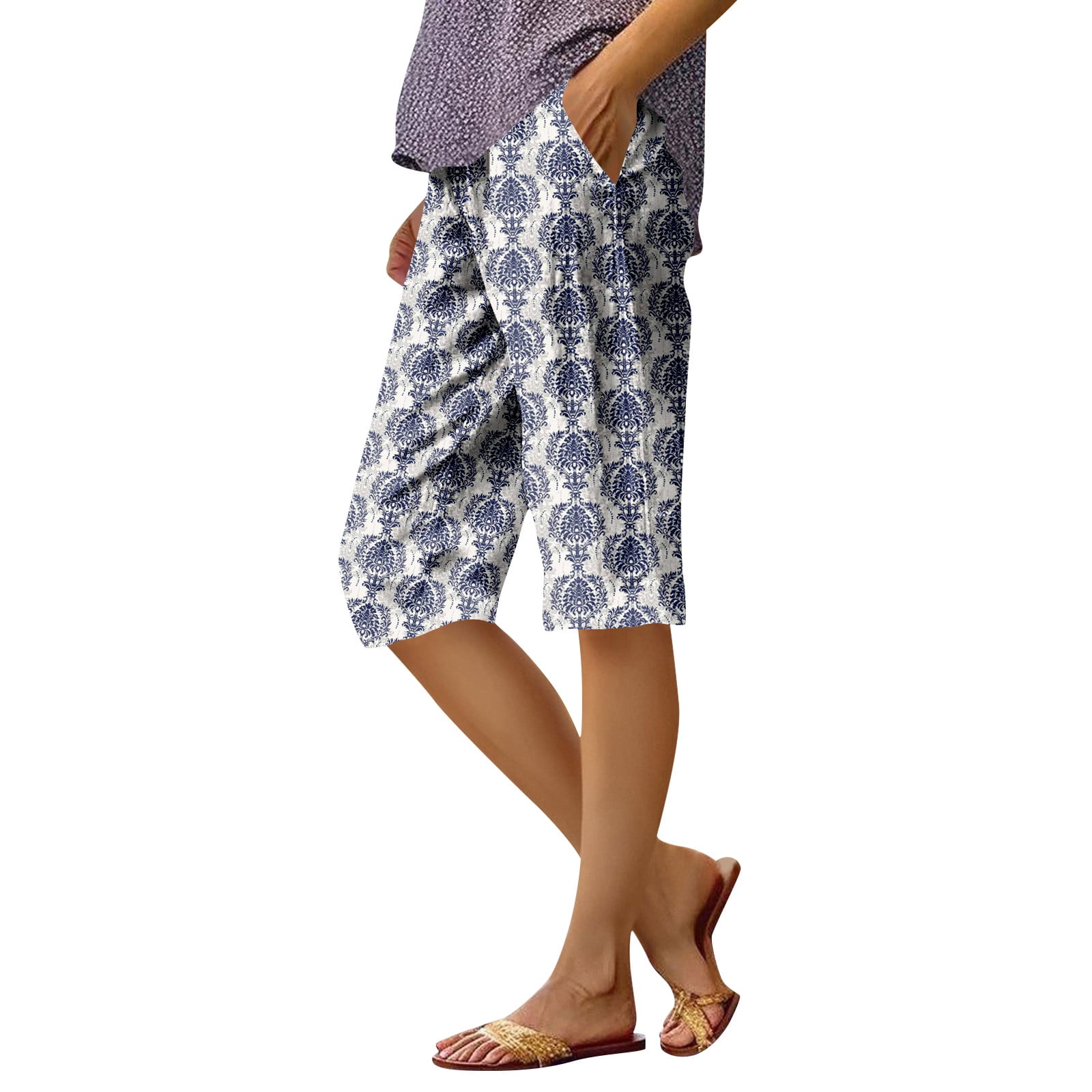 SAATLERI Capris Pants for Women Knee Length Boho Print Linen Capris ...