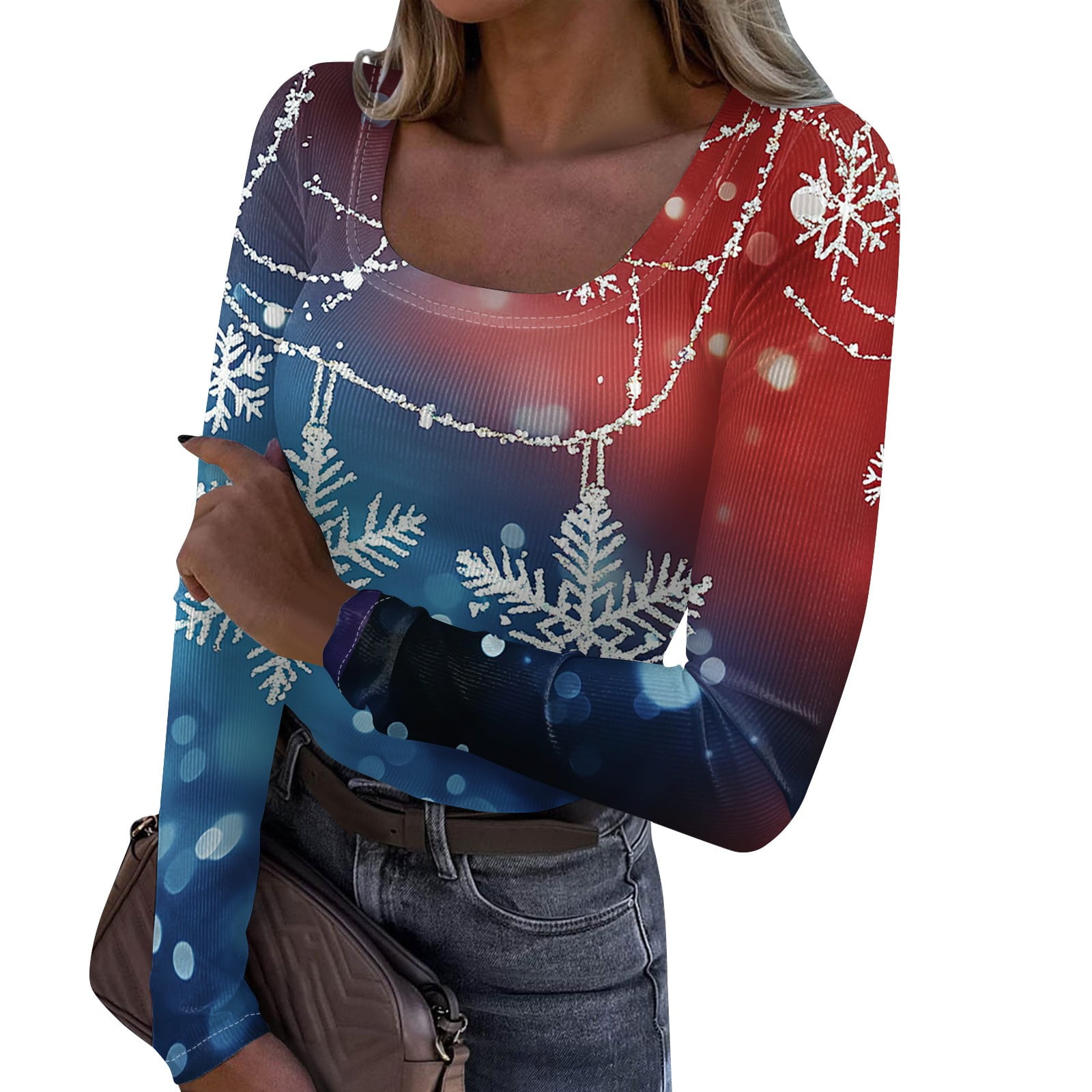 SAATLERI Christmas Tops for Women Rib Knit Scoop Neck Holiday Tee Slim ...