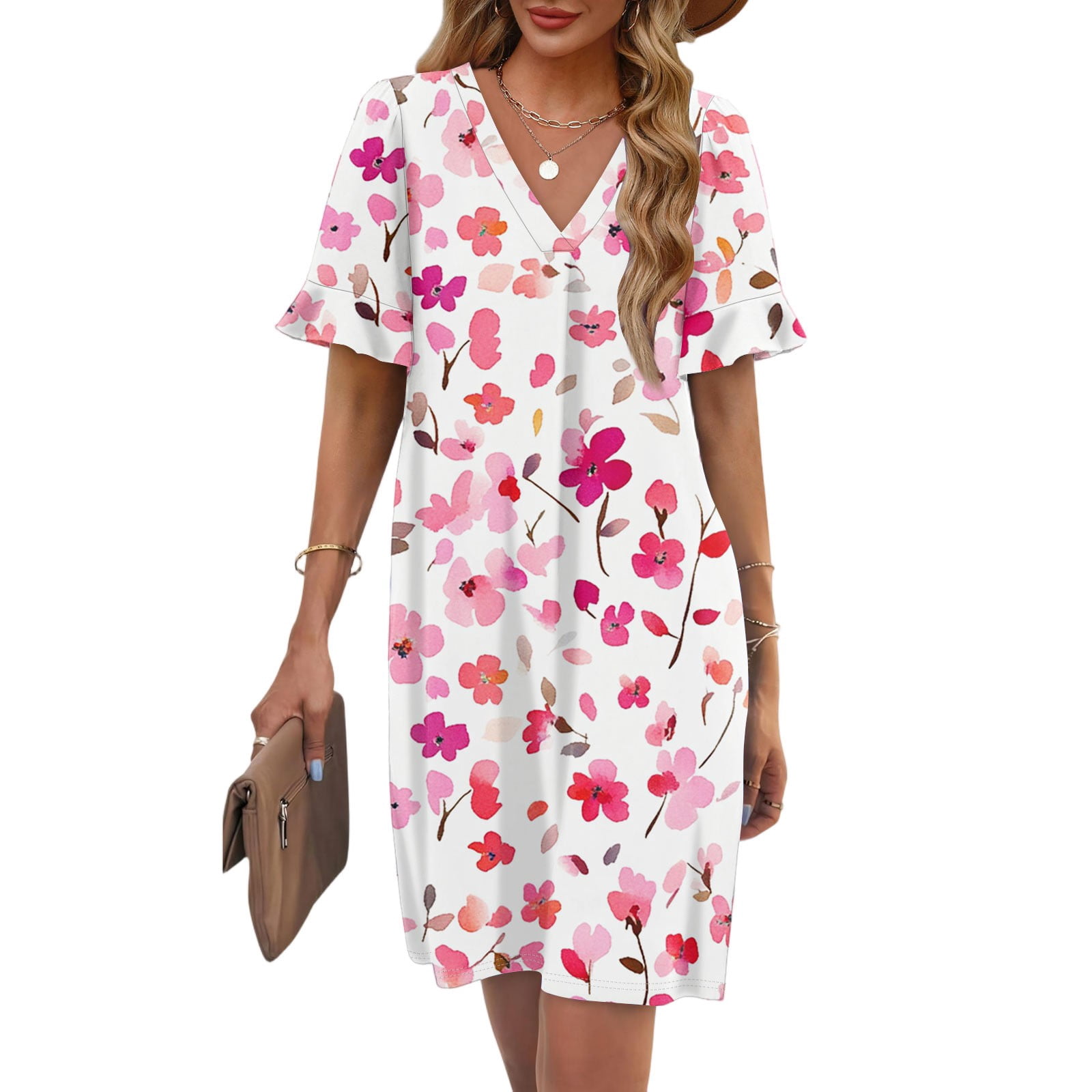 SAATLERI Dresses for Women 2025 Trendy Sundress V Neck Short Sleeve ...