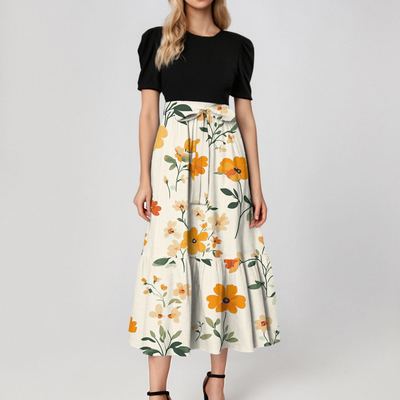 SAATLERI Floral Maxi Dresses for Women Long Flowy Swing Tie Waist Dress ...