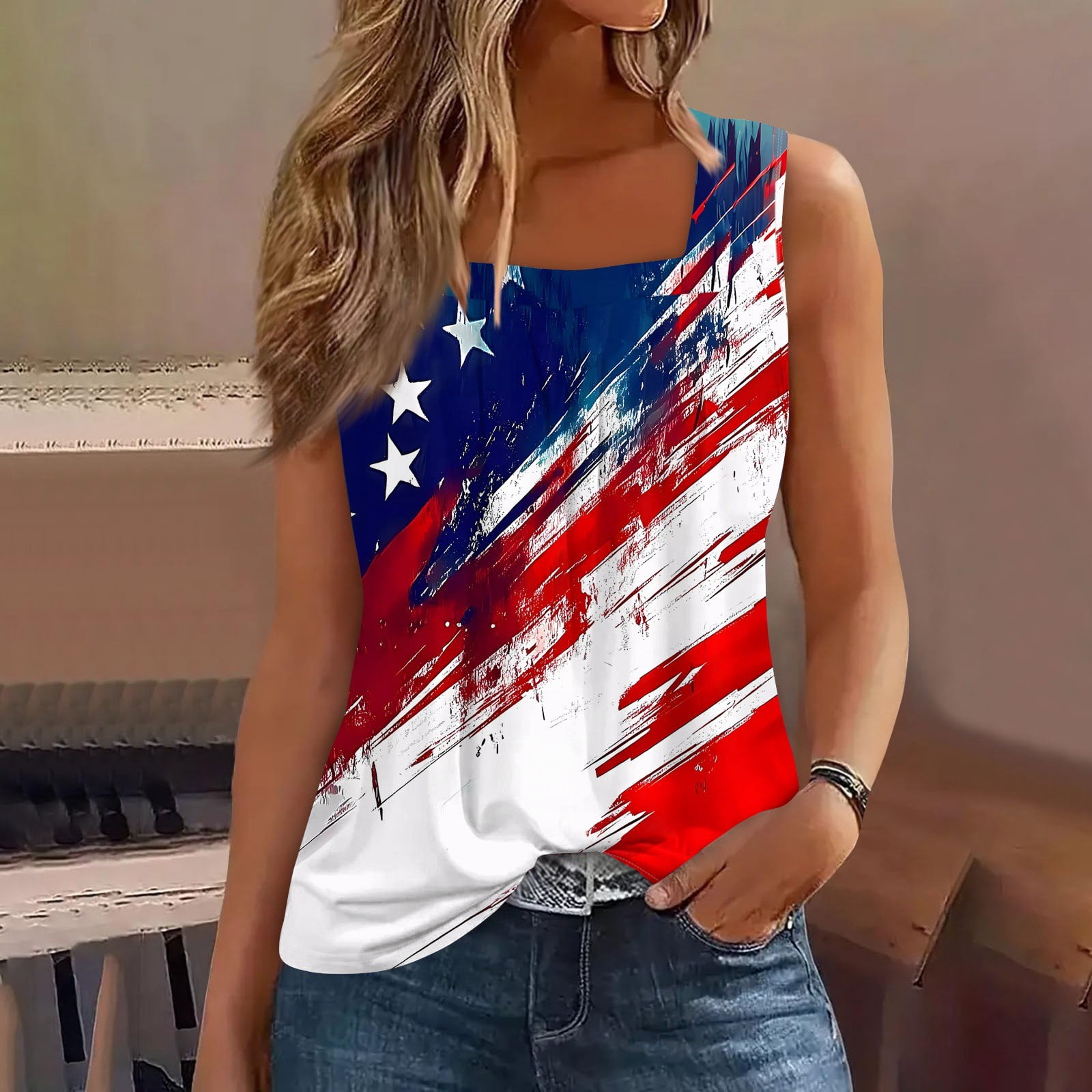SAATLERI Fourth Of July USA Flag Tank Top for Women Fashion Tshirts ...