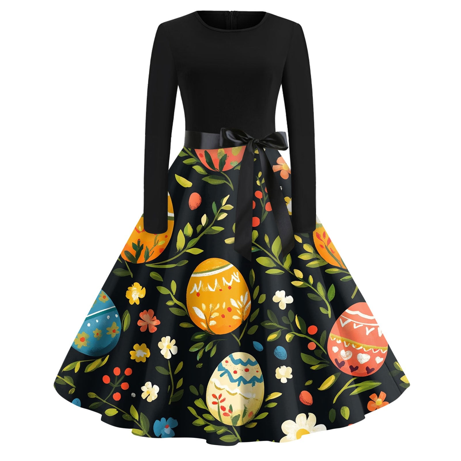 SAATLERI Happy Easter Dresses Long Sleeve Crew Neck A Line Easter Eggs ...