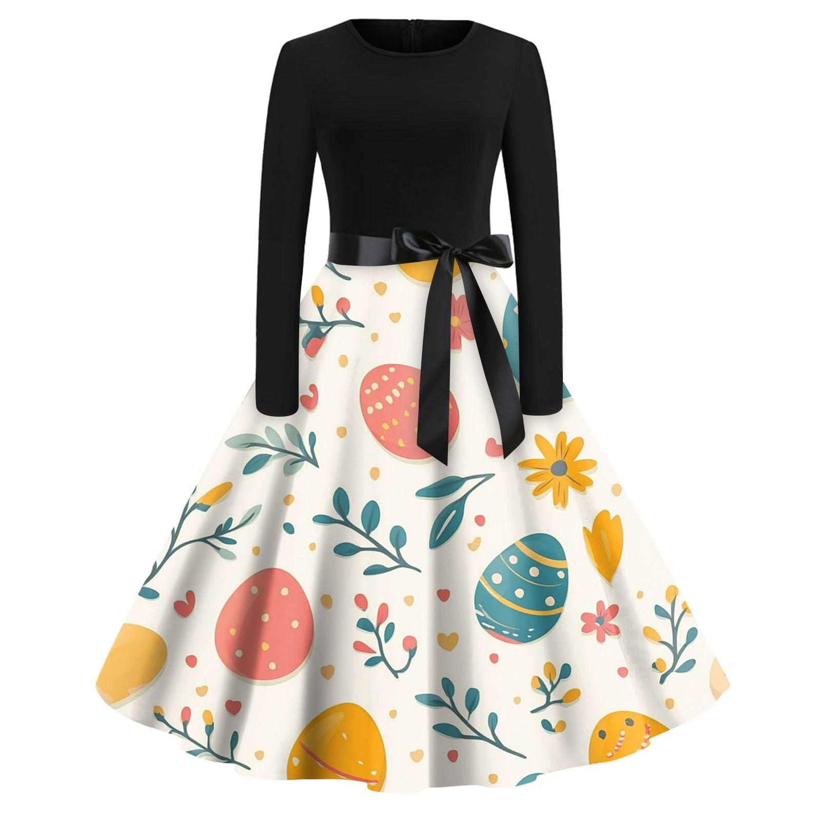 SAATLERI Happy Easter Dresses Long Sleeve Crew Neck A Line Easter Eggs ...