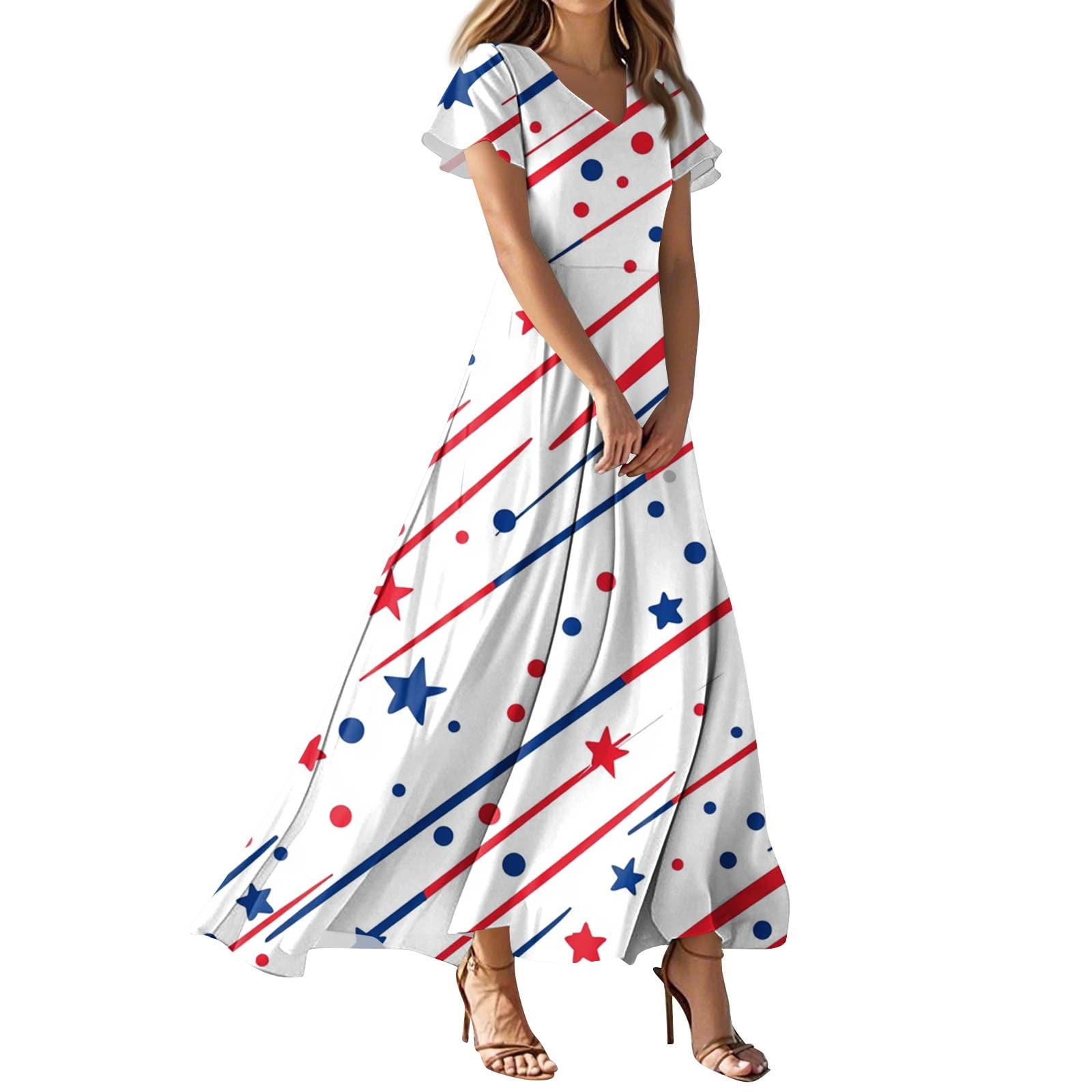 SAATLERI Independence Day Dress for Women Flowy Flag Sundress Plus Size ...