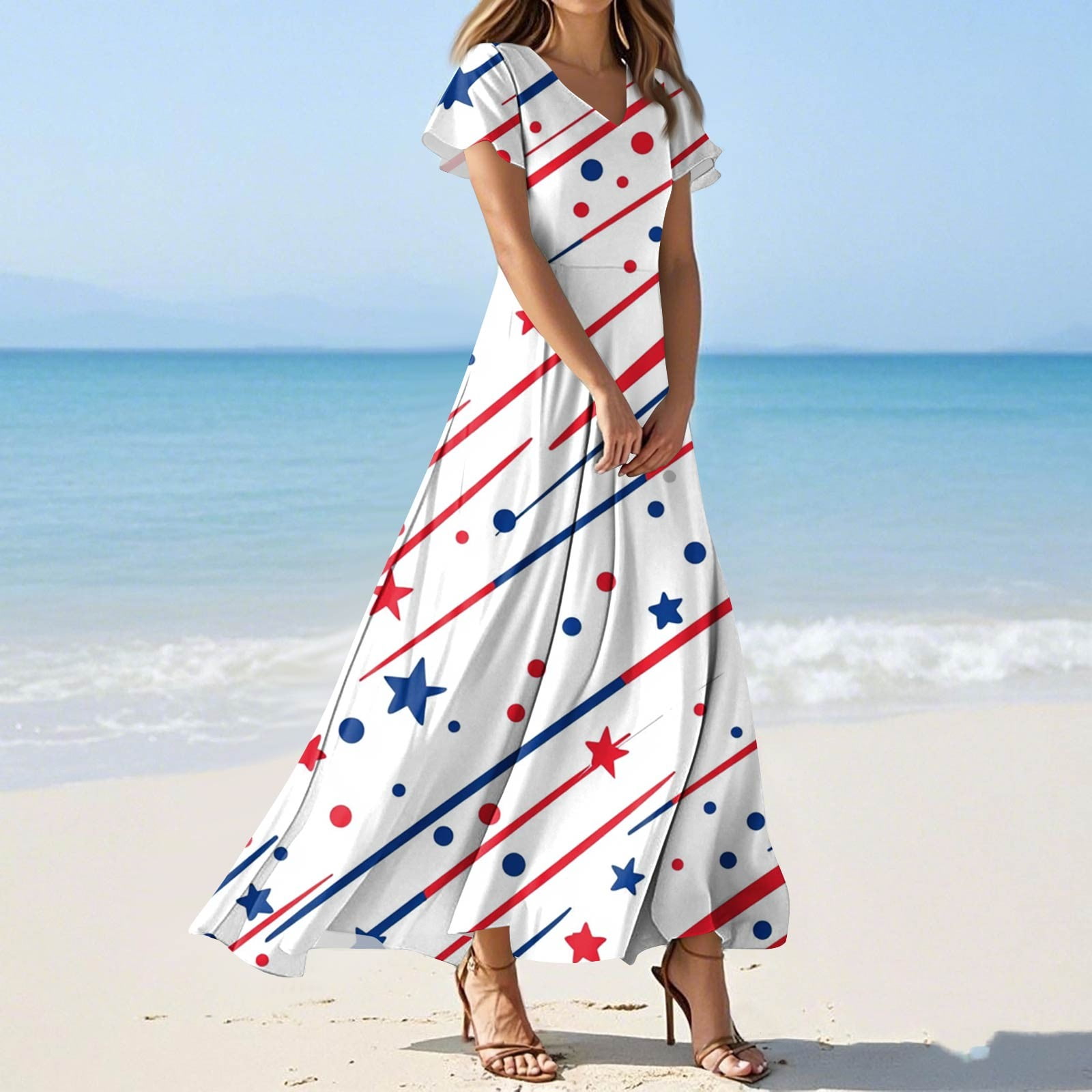 SAATLERI Independence Day Dress for Women Swing Flowy Maxi USA Flag ...