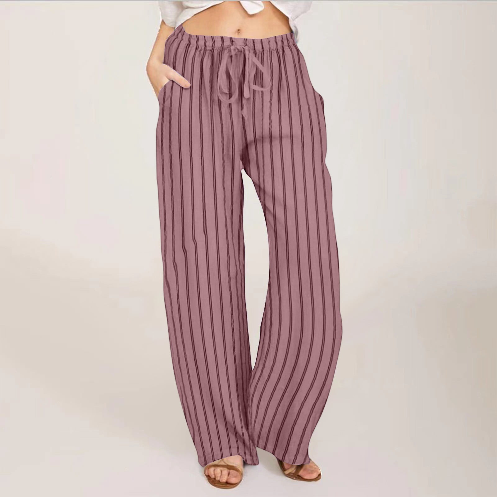 SAATLERI Palazzo Pants for Women Trendy Striped Print Linen Pants Women ...