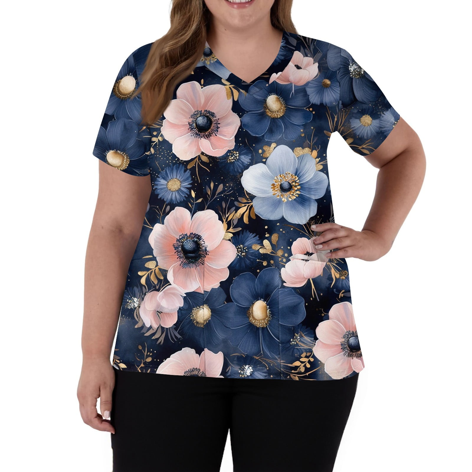 SAATLERI Plus Size Womens Scrubs Soft Stretch Short Sleeve V-Neck Funny ...