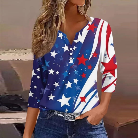 SAATLERI Red White and Blue Shirts for Women Fashion 3/4 Length Sleeves ...