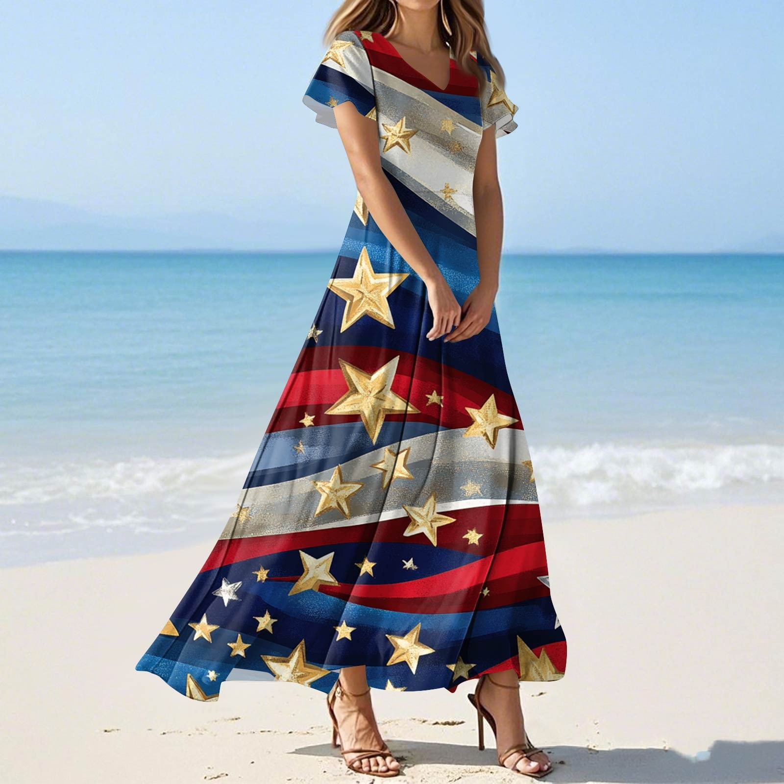 SAATLERI Red White and Blue Dress for Women Elegant Maxi 4th of July ...
