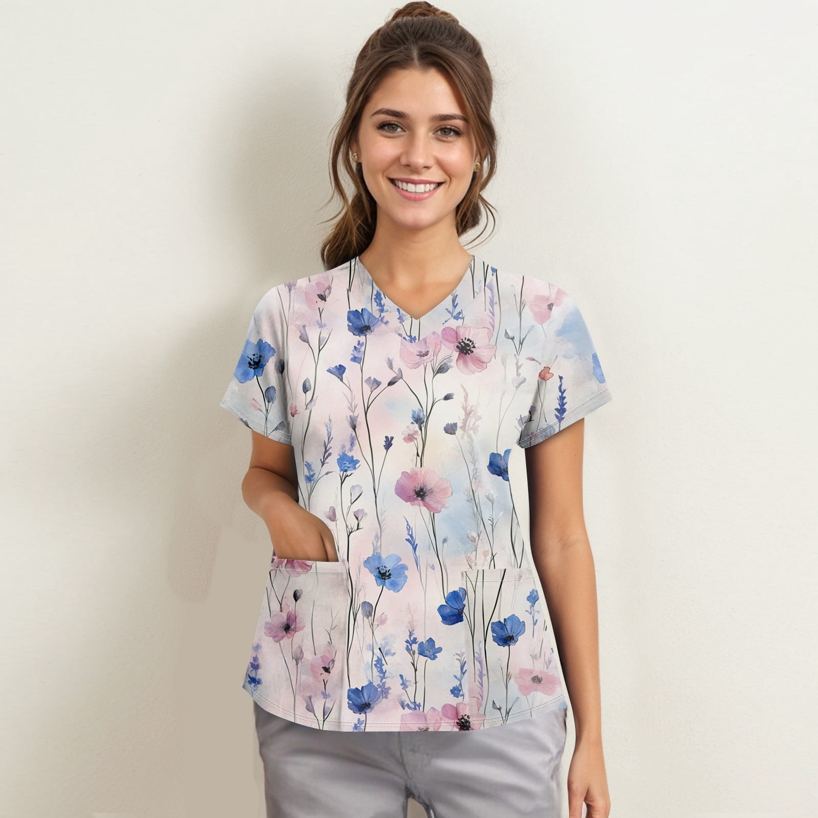 SAATLERI Scrub Tops Women Stretchy Print V Neck Floral Nurse Uniforms ...