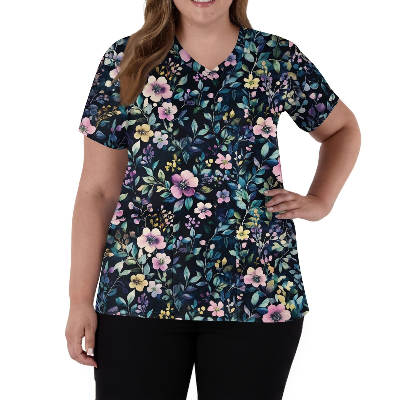 SAATLERI Scrub Tops Women Stretchy Short Sleeve V-Neck Funny Floral ...