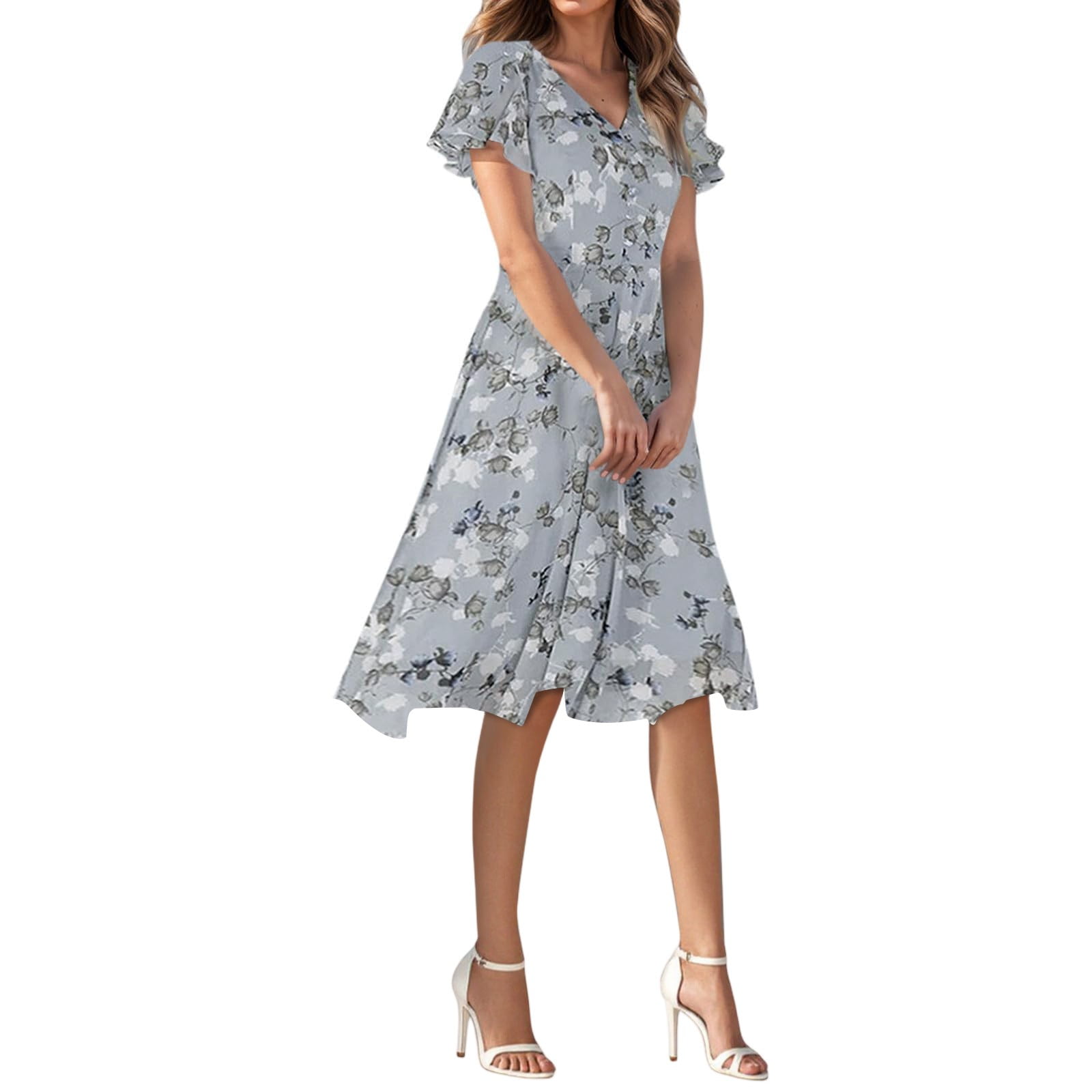 SAATLERI Summer Dresses for Women 2025 V Neck Boho Empire Waist Midi Dress Floral A-Line Flutter ...