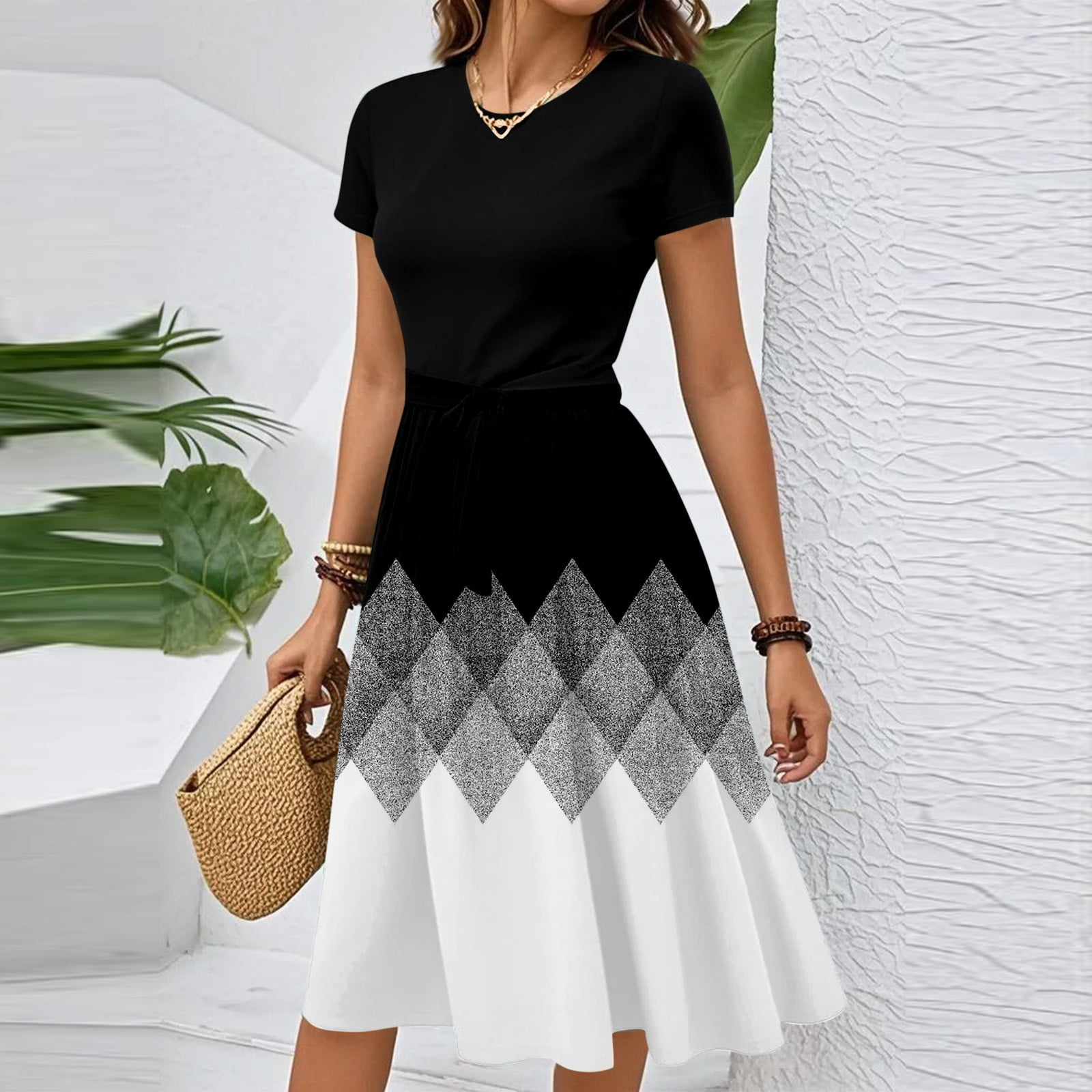 SAATLERI Summer Dresses for Women Dressy Casual Crew Neck Short Sleeve ...