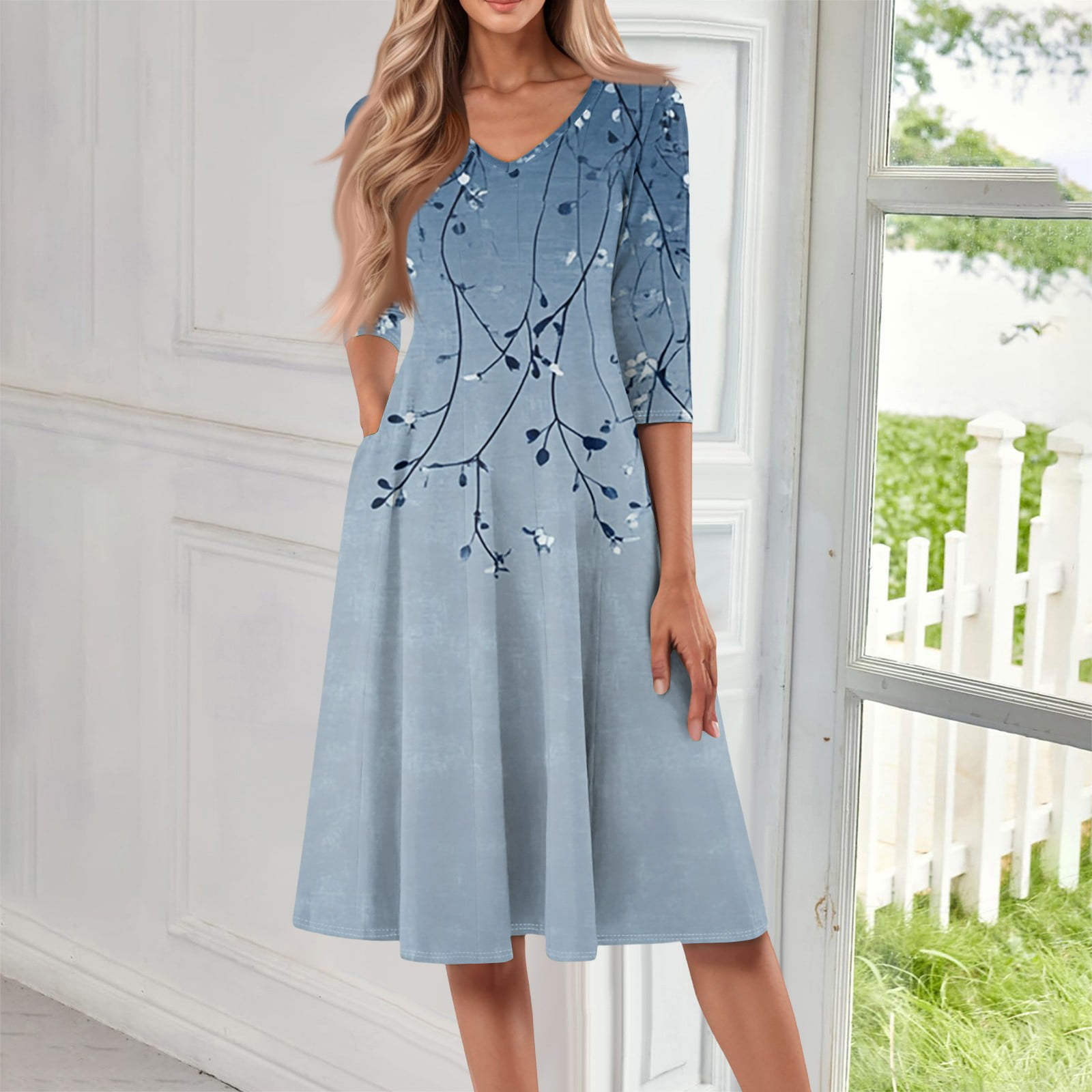 SAATLERI Sundresses for Women 3/4 Sleeve V Neck Floral Print Dresses ...