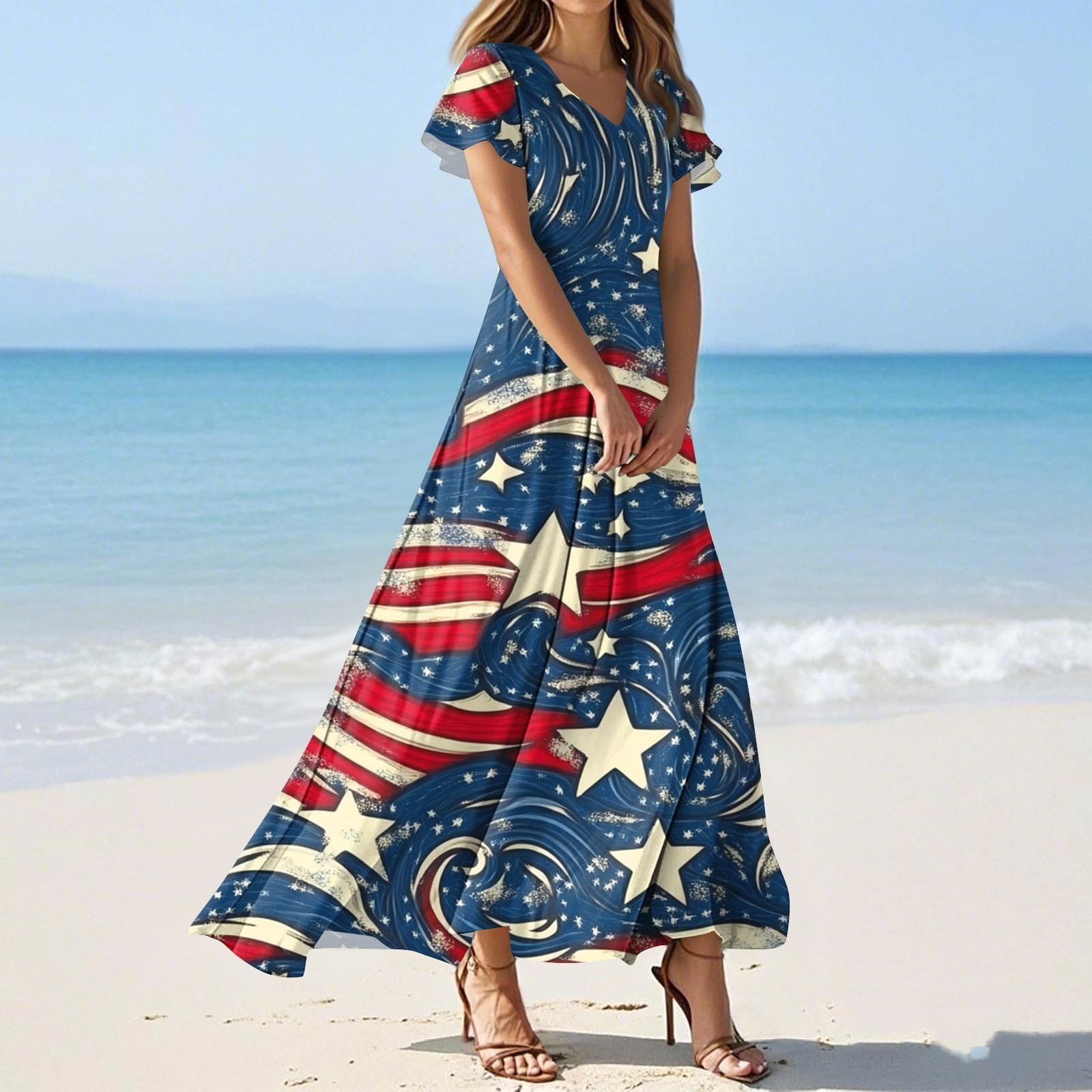 SAATLERI USA Flag Dress for Women Maxi USA Flag Dresses Flowy V Neck ...