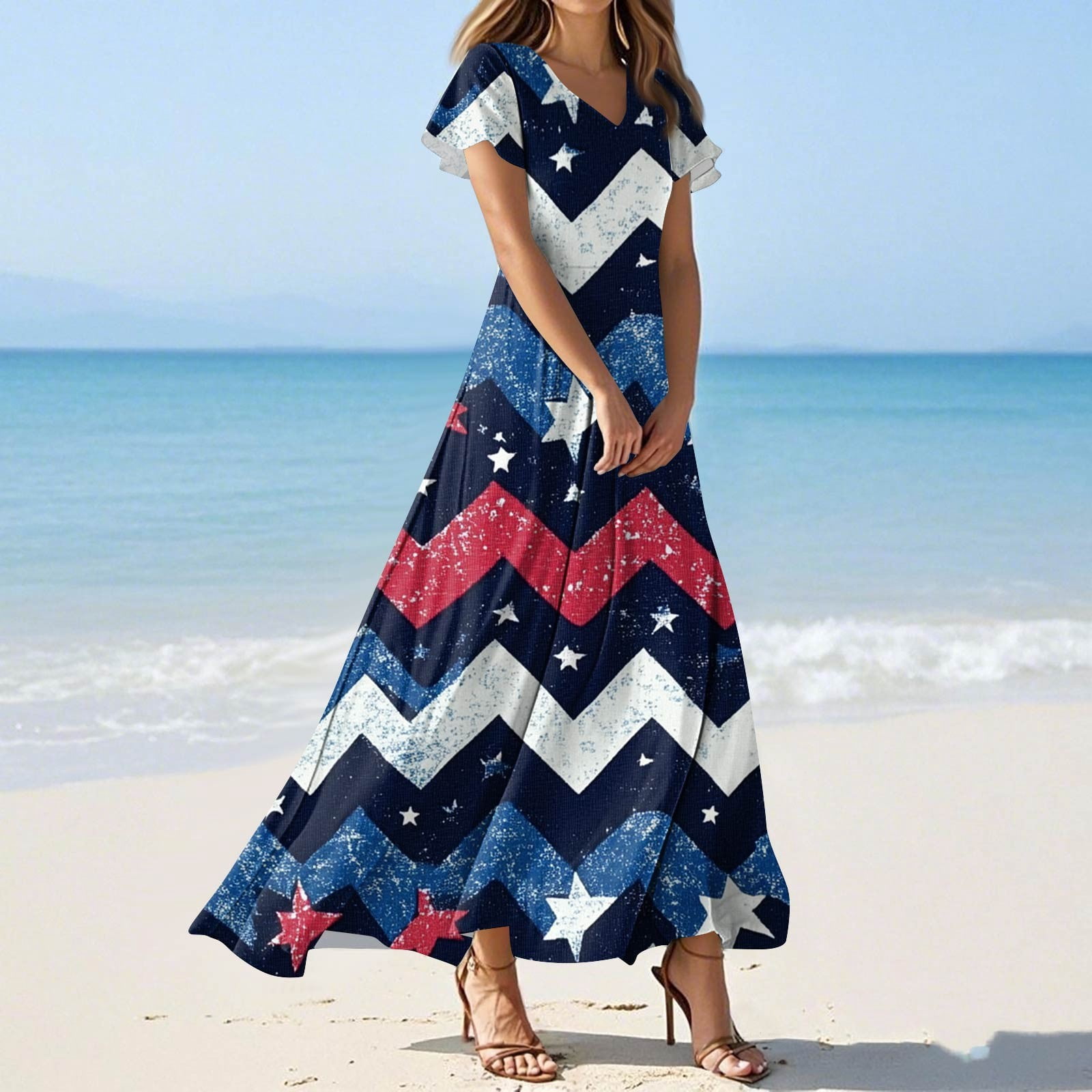 SAATLERI USA Flag Dress for Women Maxi USA Flag Dresses Flowy V Neck ...