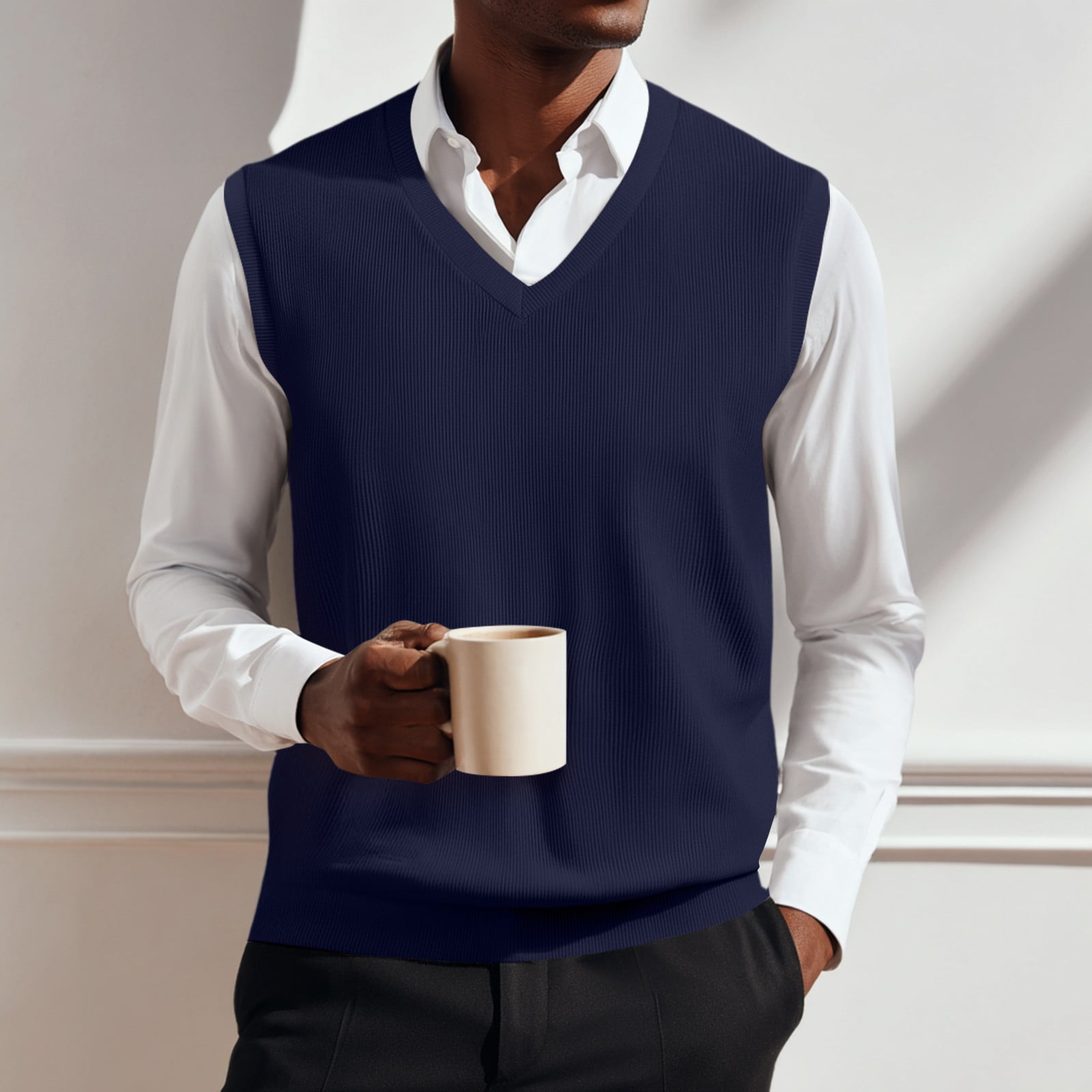 SAATLERI Vest for Men Soft V Neck Knitted Sweater Vest Solid Sleeveless ...