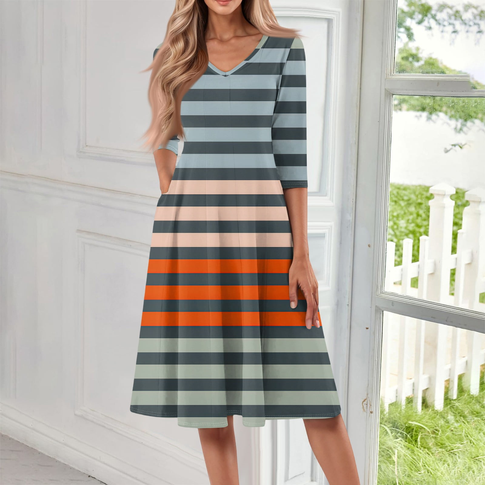 SAATLERI Wedding Guest Dresses for Women 3/4 Sleeve V Neck Color Block ...