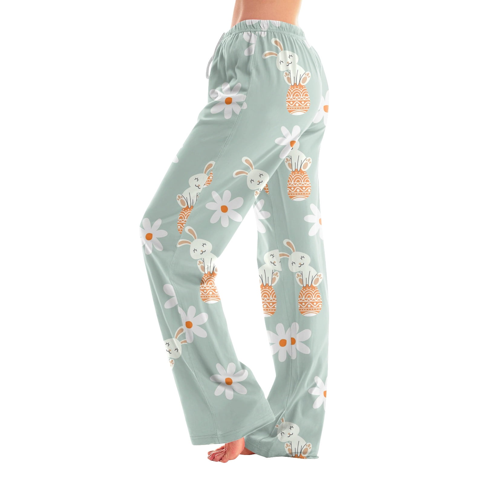 SAATLERI Women's Bunny Pajama Pants Cute Easter Egg Print Wide Leg ...