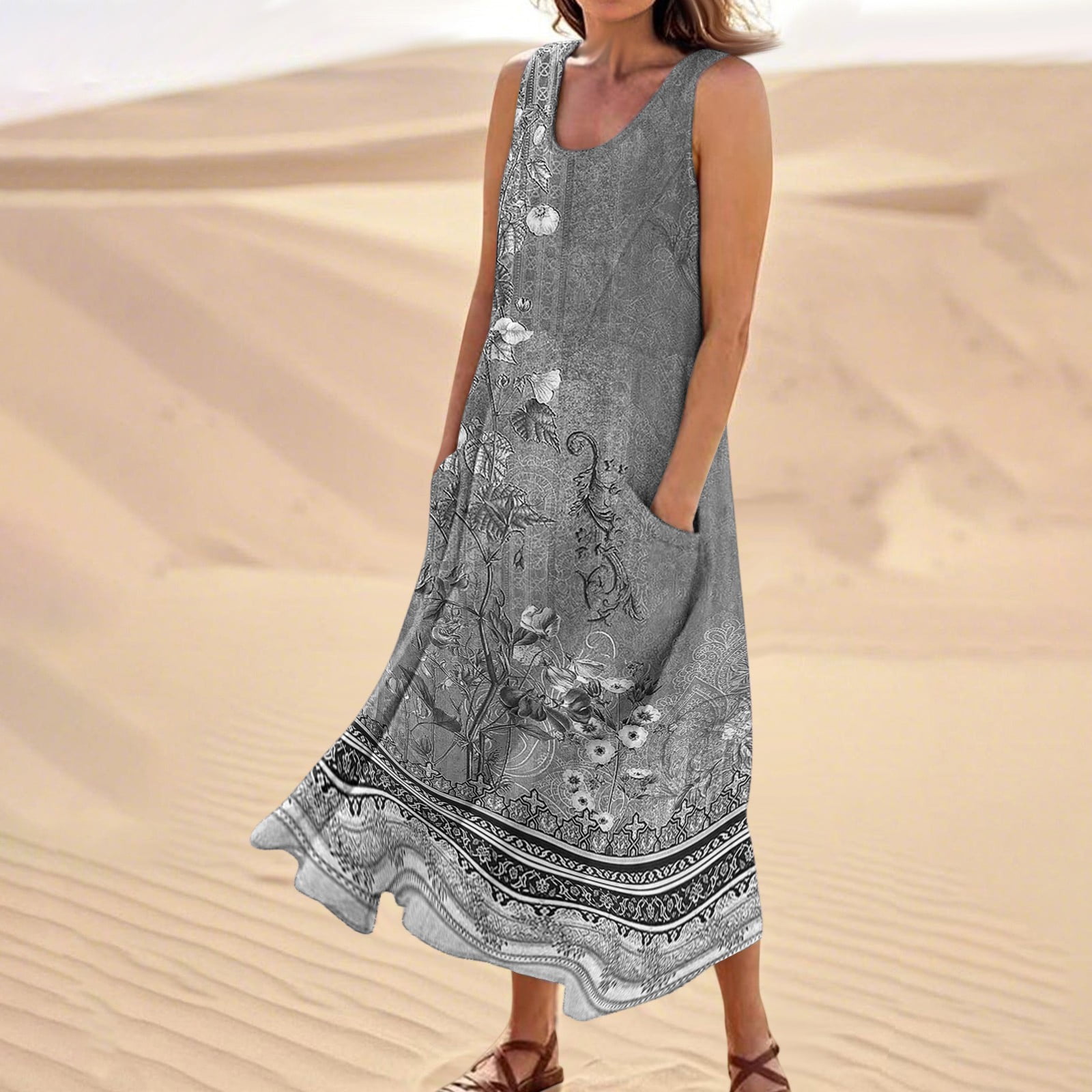 SAATLERI Women's Summer Cotton Linen Dress Sleeveless Casual Long Linen ...