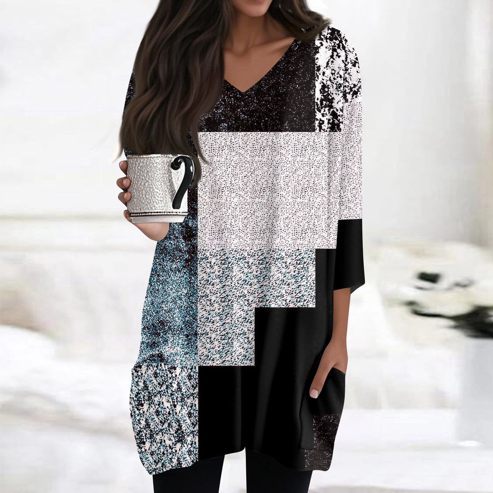 SAATLERI Women's Summer Tops 3/4 Sleeve Oversized Tunic Tops V Neck ...