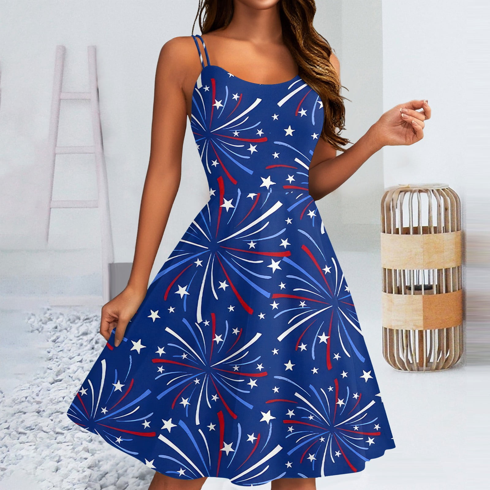 SAATLERI Womens 4th of July Dress Retro Spaghetti Strap American Flag ...
