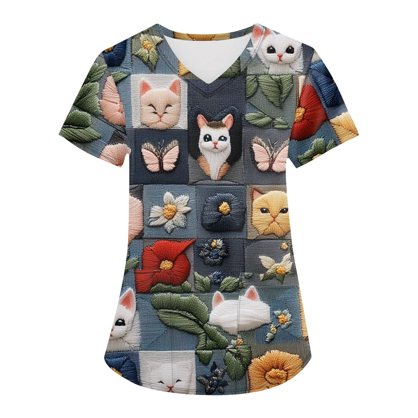 SAATLERI Womens Scrubs Summer V-Neck Cartoon Cat Print Short Sleeve ...