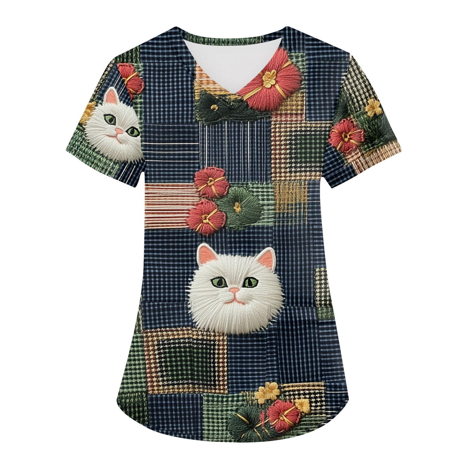SAATLERI Womens Scrubs Summer V-Neck Cartoon Cat Print Short Sleeve ...