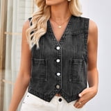 SAATLERI Womens Sleeveless Denim Vest Fashion Casual V Neck Button Down ...