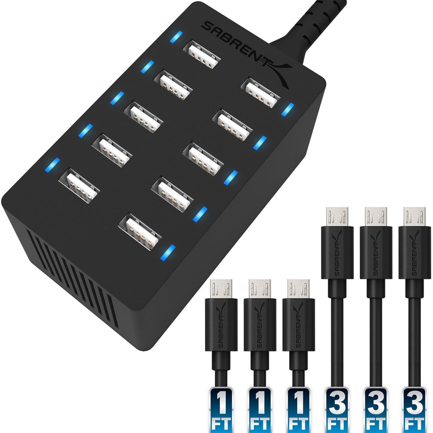 SABRENT 60 Watt (12 Amp) 10-Port Family-Sized Desktop USB Rapid Charger ...