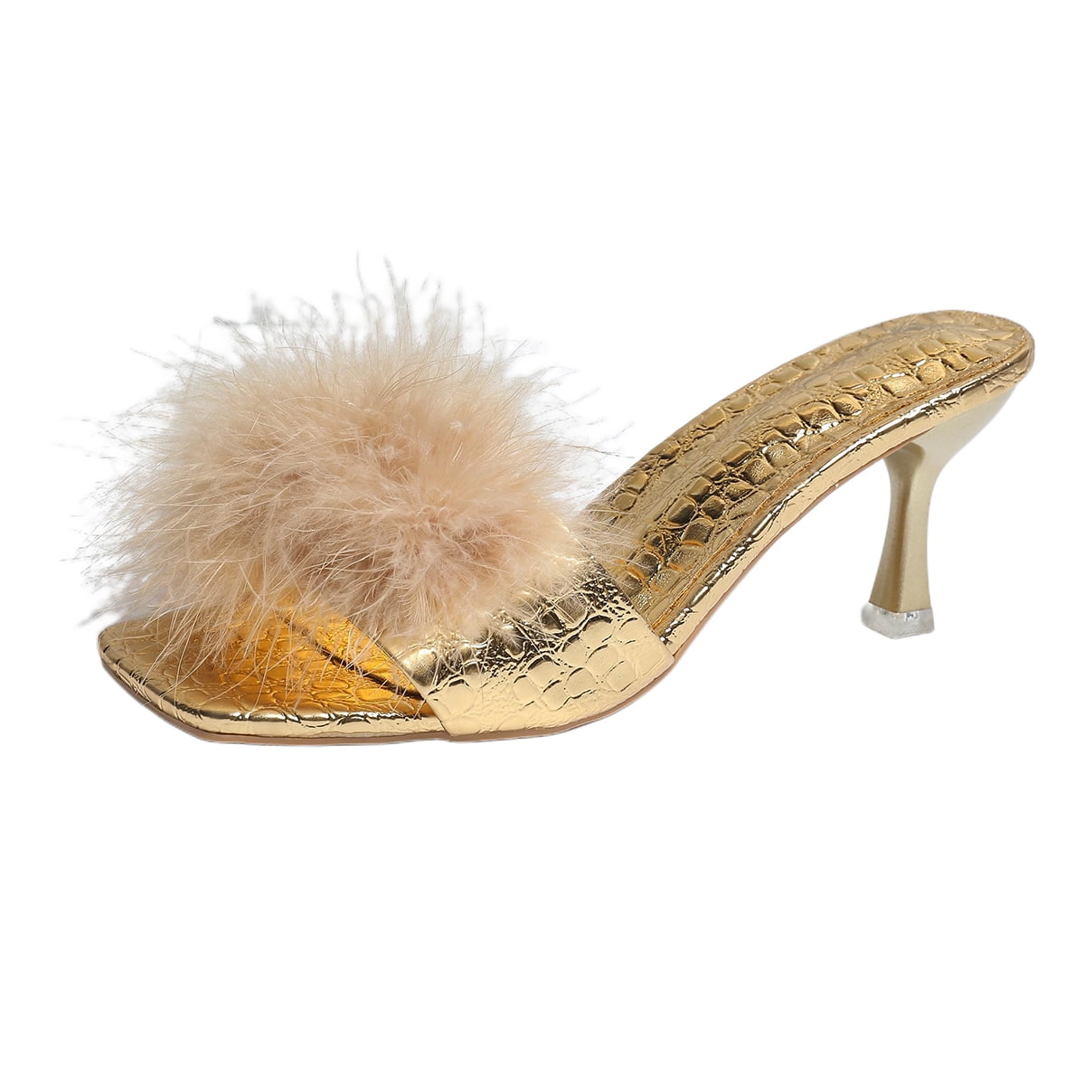 SACFOF Black Furry Heels, Sexy Kitten Heeled Fluffy Slippers, Fur Heels ...