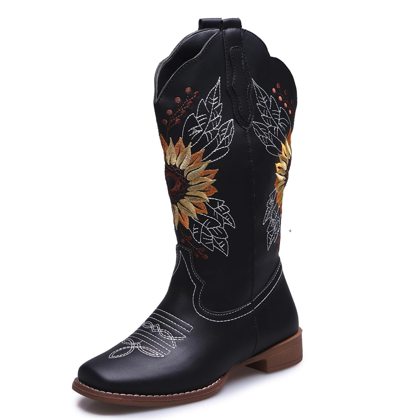 SACFOF Cowboy Boots for Women Square Toe Sunflower Cowgirl Boots Mid ...