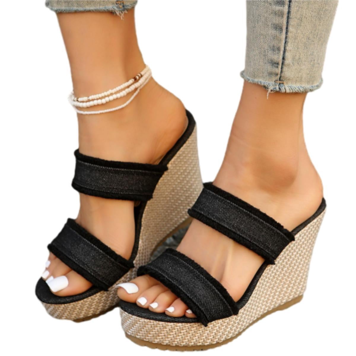 SACFOF Denim Slip On Wedge Sandals for Women Platform Slip On Open Toe ...