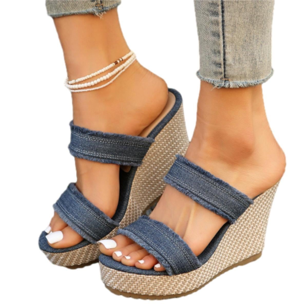 SACFOF Denim Slip On Wedge Sandals for Women Platform Slip On Open Toe ...
